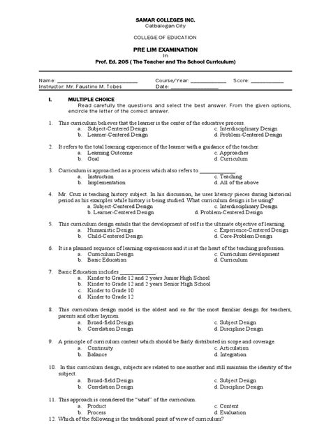 Prelim Exam In Curriculum Development Pdf Curriculum Teachers