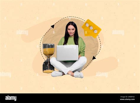 Collage Of Young Confident Programmer Woman Use Netbook Hourglass Receive Sms Customer Last