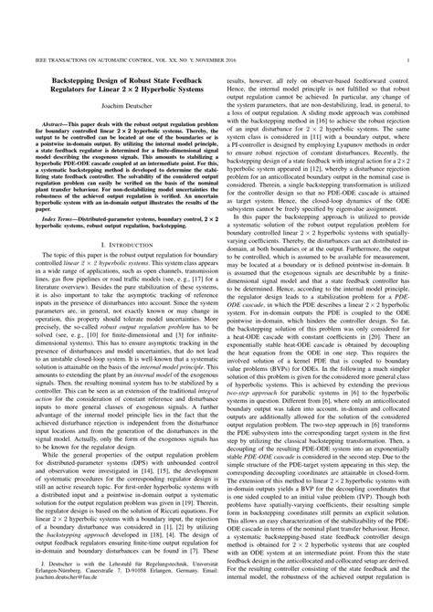 Pdf Backstepping Design Of Robust State Feedback Regulators For Linear 2x2 Hyperbolic Systems