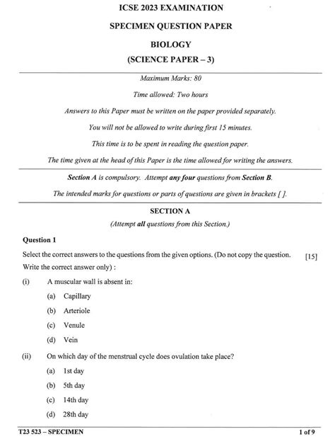 Icse Biology Specimen Paper 2023 Cisce Class 10 Biology Sample Paper