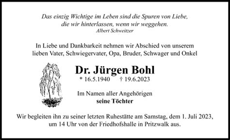 Traueranzeigen Von Jürgen Bohl Trauer Anzeigende