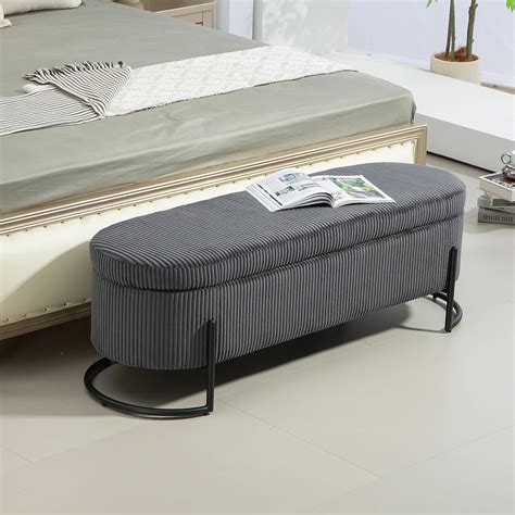 Dark Gray Bedroom End Bench Storage Upholstered With Corduroy Wood