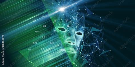 Polygonal Technology Background With D Wireframe Head In Chaotic Grid Blurred Lines And Lens