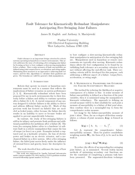 Pdf Fault Tolerance For Kinematically Redundant Manipulators Anticipating Free Swinging Joint