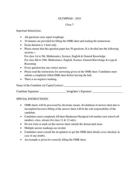 Class 7 Olympiad Important Instructions Pdf