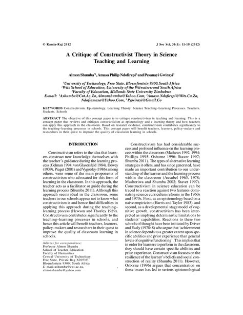 Pdf A Critique Of Constructivist Theory In Science Teaching And Learning