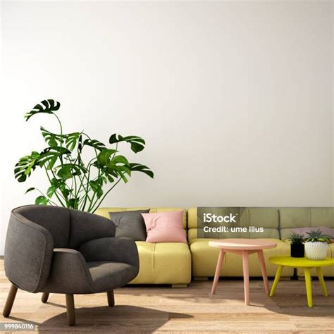 거실에 흰 벽 안락의 자 식물 나무 바닥에 리셉션 인테리어 디자인 3d 그림 3 차원 렌더링 가구에 대한 스톡 사진 및 기타