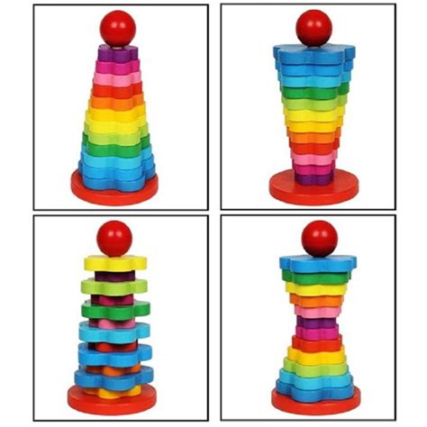 Rainbow Tower Stacker Colorful Stacker Tower Ring Blocks Wooden