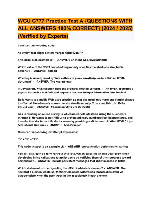 WGU C Practice Test A QUESTIONS WITH ALL ANSWERS CORRECT Verified By
