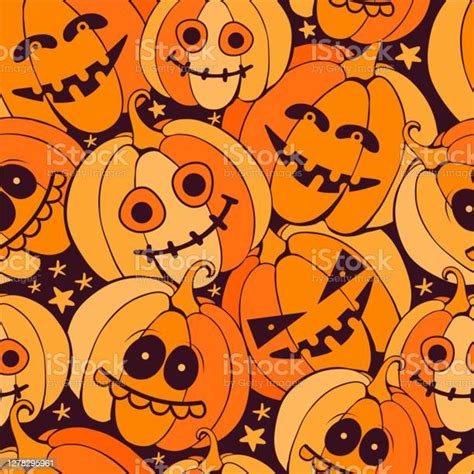 어두운 배경에 무서운 오렌지 호박과 원활한 해피 할로윈 패턴 소름 재미있는 괴물 캐릭터와 휴일 배경 치아 턱 입으로 할로윈 호박 손으로 그린 벡터 0명에 대한 스톡 벡터