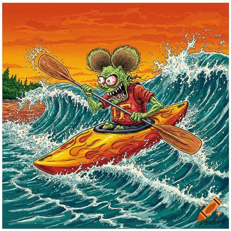 A Green Monstrous Rat Fink Style Character With Large Red Eyes And