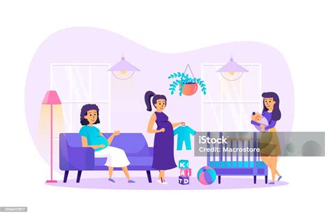 임신과 모성 개념 임산부 모임 아기를 안고 있는 젊은 어머니 여자친구가 이야기하고 함께 시간을 보내고 있습니다 인물 캐릭터의 벡터 그림 개념에 대한 스톡 벡터 아트 및 기타