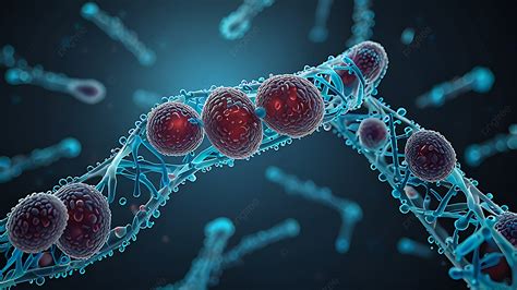 Close Up View Of A Dna Strand With Red Nuclei And Blue Molecular