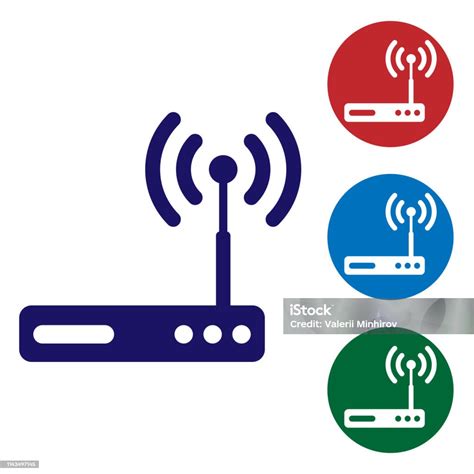 파란색 라우터와 Wifi 신호 기호 아이콘 흰색 배경에 고립입니다 무선 이더넷 모뎀 라우터 컴퓨터 기술 인터넷 원 버튼의 색상