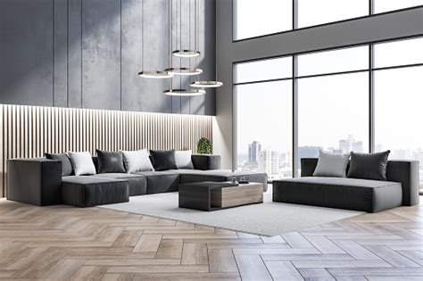 창문과 도시 전망 아름다운 소파 베개 양탄자 및 기타 항목과 현대적인 거실 인테리어 디자인 컨셉 3d 렌더링 거실에 대한 스톡 사진 및 기타 이미지 Istock