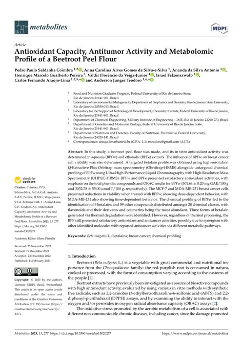 Pdf Antioxidant Capacity Antitumor Activity And Metabolomic Profile Of A Beetroot Peel Flour