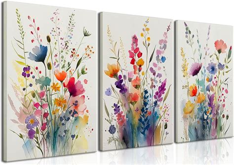 Framed Colorful Wildflower Canvas Wall Art Set Of 3 Flowers Pictures