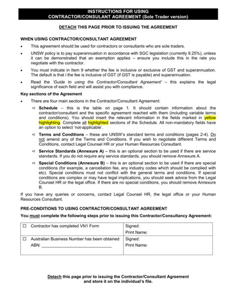 Contractorconsultant Agreement Sole Trader Instructions