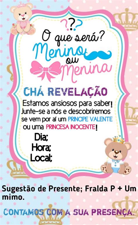 Cha revelação príncipe ou princesa Convite cha revelacao Chá de