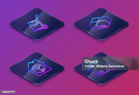 아이소메트릭 라인 핸드 트럭 및 상자 택배 서비스 판지 판지 및 위치를 설정합니다 파란색 사각형 버튼입니다 벡터 3차원 형태에 대한 스톡 벡터 아트 및 기타 이미지 Istock