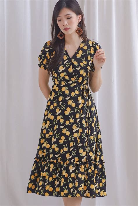 Premium Amanda Lemon Faux Wrap Dress In Black The Design Closets