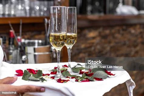 샴페인 두 잔이 든 쟁반을 들고 있는 손의 클로즈업 샴페인 두 잔이 든 쟁반을 들고 있는 웨이터의 손 샴페인 두 잔이 든 쟁반을 들고 있는 알아볼 수 없는 사람 공휴일에