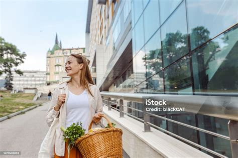 식료품으로 가득 찬 바구니를 들고 거리를 걷고 있는 젊은 여자 25 29세에 대한 스톡 사진 및 기타 이미지 25 29세 건강한 생활방식 건강한 식생활 Istock