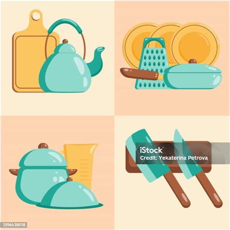 Ikon Set Alat Dapur Ilustrasi Datar Vektor Alat Memasak Peralatan