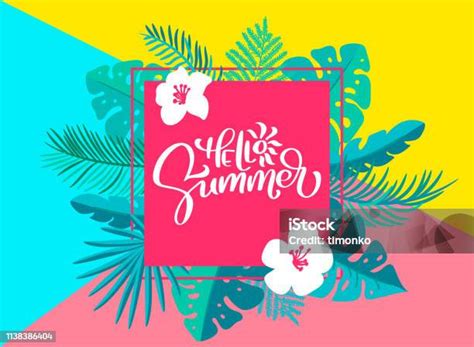 텍스트 안녕하세요 여름 기하학적 꽃 야자수 나뭇잎 프레임 손으로 그려진 글자 서 예 벡터 일러스트입니다 견적 디자인 로고 인사말 카드입니다 영감 타이포 그래피 포스터 배너