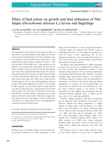 Pdf Effect Of Feed Colour On Growth And Feed Utilization Of Nile Tilapia Oreochromis