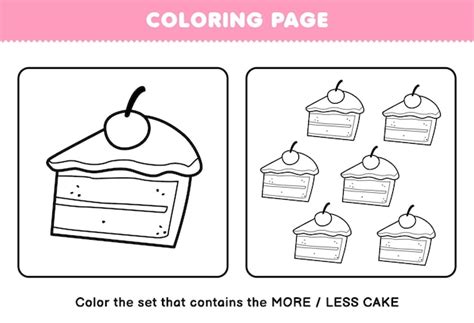 만화 케이크 라인 아트 세트 인쇄용 워크 시트의 페이지를 색칠하는 어린이를위한 교육 게임 프리미엄 벡터