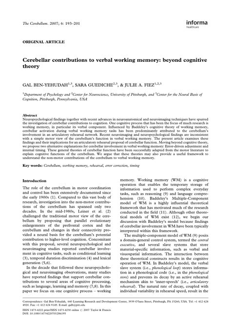 Pdf Cerebellar Contributions To Verbal Working Memory Beyond Cognitive Theory