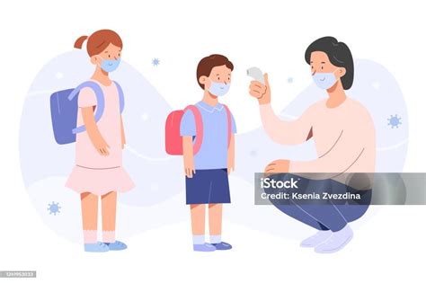 유치원에서 의 온도 측정 연속서 학교 개념으로 돌아가서 코로나 바이러스 전염병 후 학교 비 접촉 온도계로 온도를 측정 하는 보모 문자 유치원에 대한 스톡 벡터 아트 및 기타