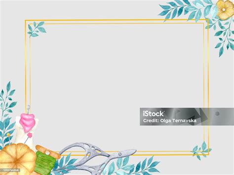 바느질 도구 빈티지 가위 실보빈 더미 핀 쿠션 및 나뭇 가지가있는 수채화 사각형 프레임 텍스트가 없는 빈 프레임입니다 바늘 여성 솔기 니트를위한 디자인 Diy에 대한 스톡