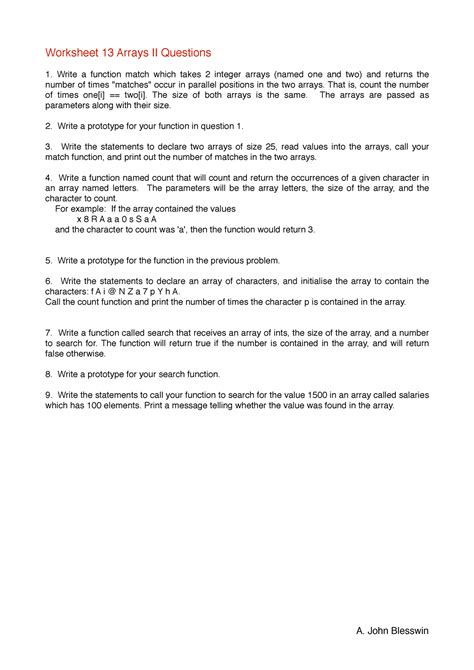 Worksheet Arrays II Questions Worksheet Arrays II Questions Write A Function Match Which