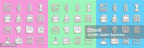 Set Line Briefcase Document With Graph Chart Archive Papers Drawer Usb