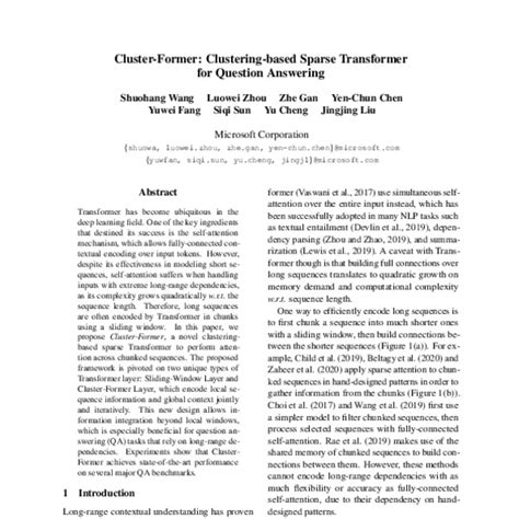 Cluster Former Clustering Based Sparse Transformer For Question Answering Acl Anthology