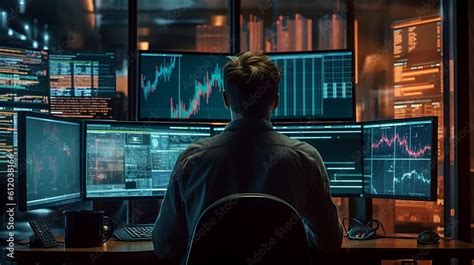 Stock Trader Man Using Multiple Monitors While Working At Night Back Viewcreated With