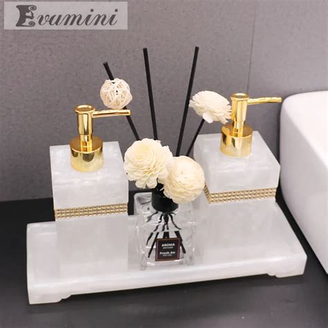 럭셔리 북유럽 라인석 수지 욕실 액세서리 세트 트레이 에멀젼 병 손 소독제 비누 디스펜서 칫솔 홀더욕실 부품 세트 Aliexpress