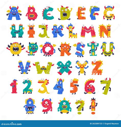 Monster Alphabet With Cute Abc Capital Letters And Numbers Vector Set