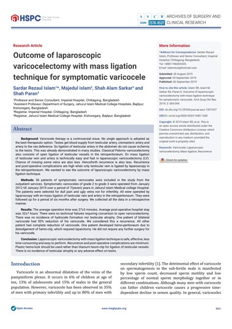 Pdf Laparoscopic Varicocelectomy With Artery Preserving And High Mass Ligation Technique A