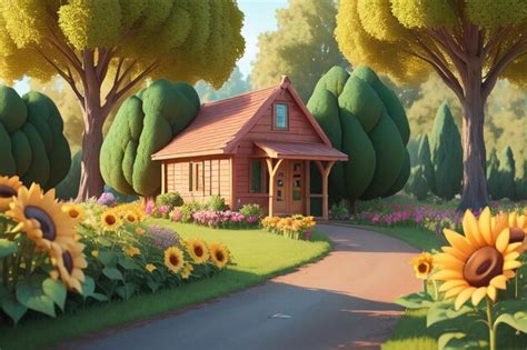 Una Casa En El Bosque Con Girasoles En El Fondo Foto Premium