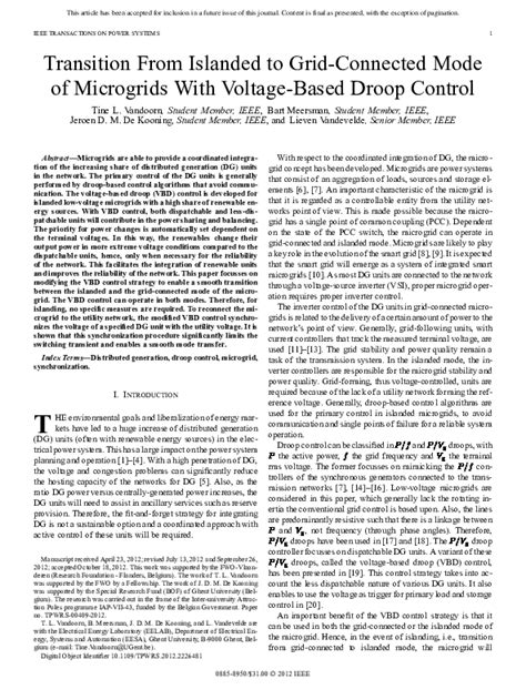 Transition From Islanded To Grid Connected Mode Of Microgrids With Voltage Based Droop Control