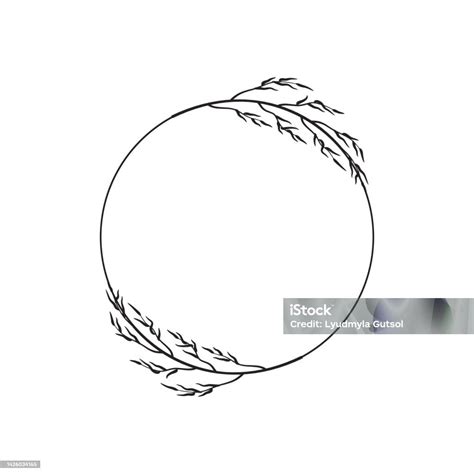 긴 잎을 가진 두 개의 나뭇 가지로 구성된 최소한의 화환 간단한 둥근 프레임 농가 장식 가족 로고 원 나뭇 가지의 검은 실루엣이있는 경계 흰색에 고립된 벡터 일러스트 레이