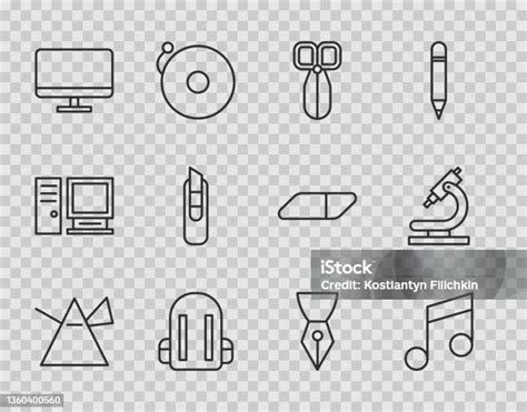 프리즘 음악 노트 톤 가위 학교 배낭 컴퓨터 모니터 화면 문구 칼 만년필 펜촉 및 현미경 아이콘에 라인 광선을 설정합니다 벡터 가방에 대한 스톡 벡터 아트 및 기타 이미지