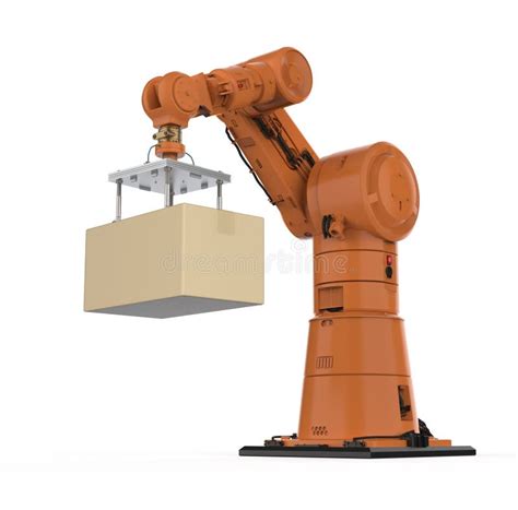 Automation Factory Or Cargo With 3d Rendering Robotic Arm Carry Cardboard Box Stock Illustration
