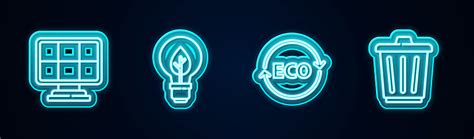 세트 라인 태양 에너지 패널 잎이있는 전구 에코 건강한 음식 및 쓰레기 캔을위한 라벨 빛나는 네온 아이콘 벡터 0명에 대한 스톡 벡터 아트 및 기타 이미지 Istock