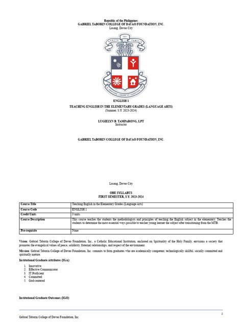 Syllabus On English 1 Teaching English In The Elementary Grades