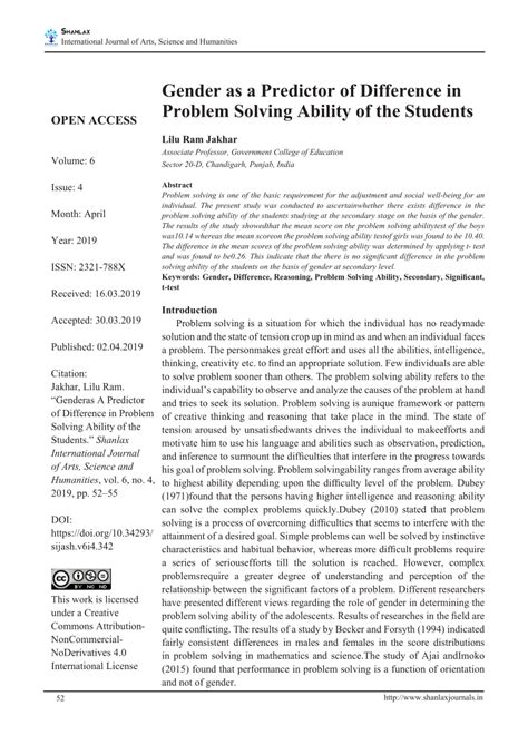 Pdf Gender As A Predictor Of Difference In Problem Solving Ability Of
