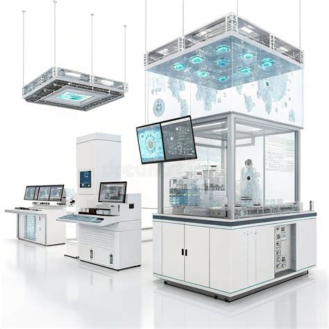 Futuristic Lab With Floating Data Screens And Holograms Stock
